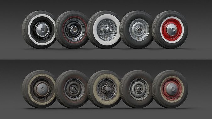 Set of 5 mid-poly vintage car wheels 3D model | CGTrader