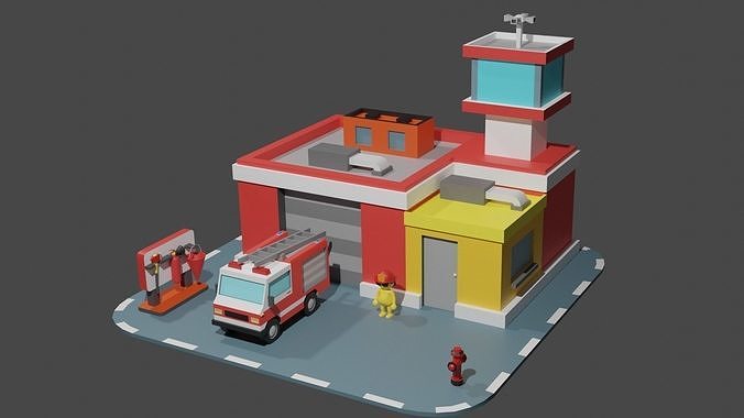 3D model City builder Fire Department Pack Firecar Low poly VR / AR ...