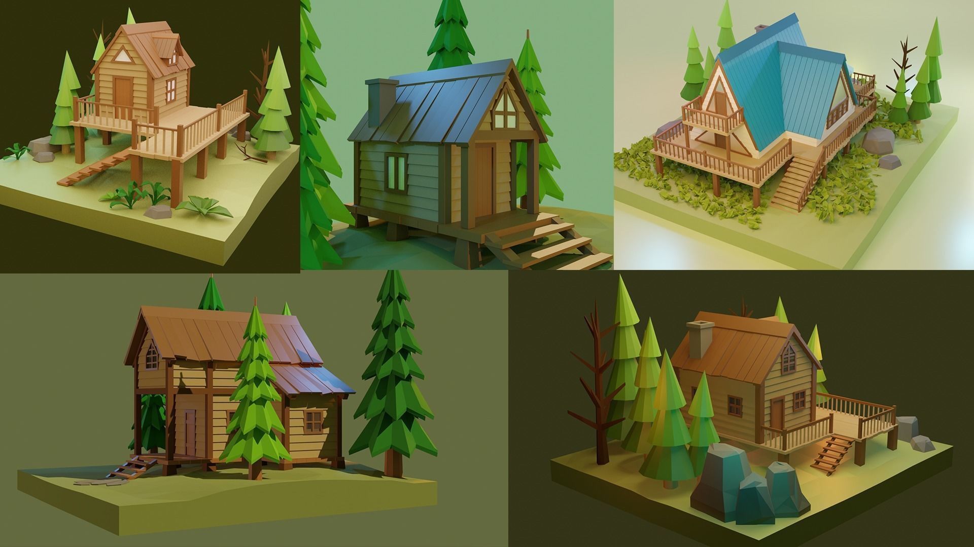 3D Model Collection Low Poly Wooden House Pack VR / AR / low-poly ...