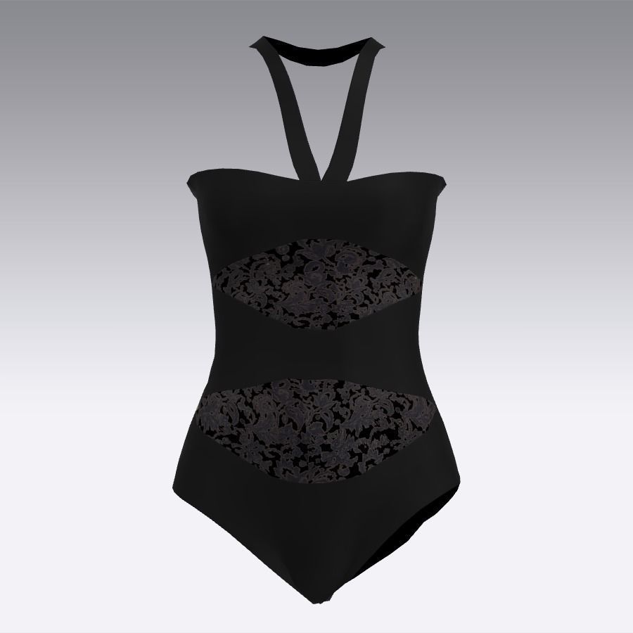 3D model Swimwear black strap heart shaped lace detail paneled look VR ...
