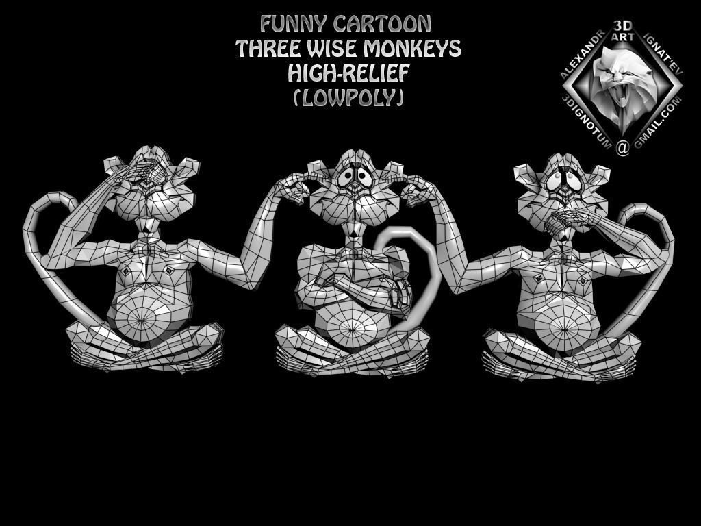 3D model Three Wise Monkeys 3D print model LOWPOLY and HIGHPOLY mesh VR ...