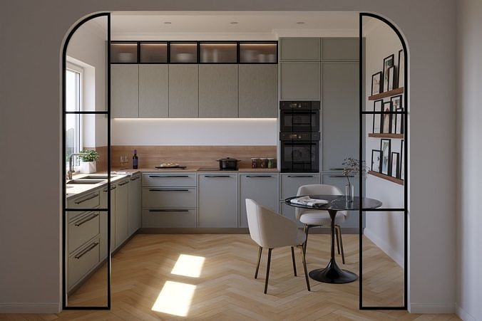 Modern L-shape kitchen grey and wood with dining table and chair 3D ...