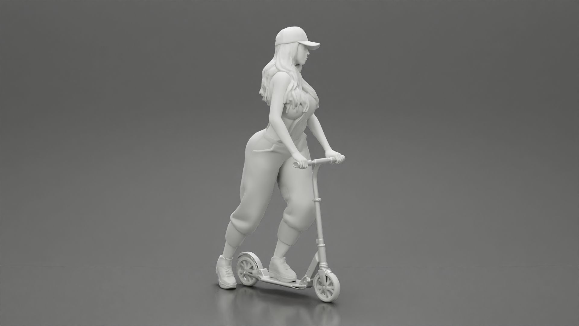 2 Woman Riding Electric Scooter At Parking Wearing overalls suit 3D ...