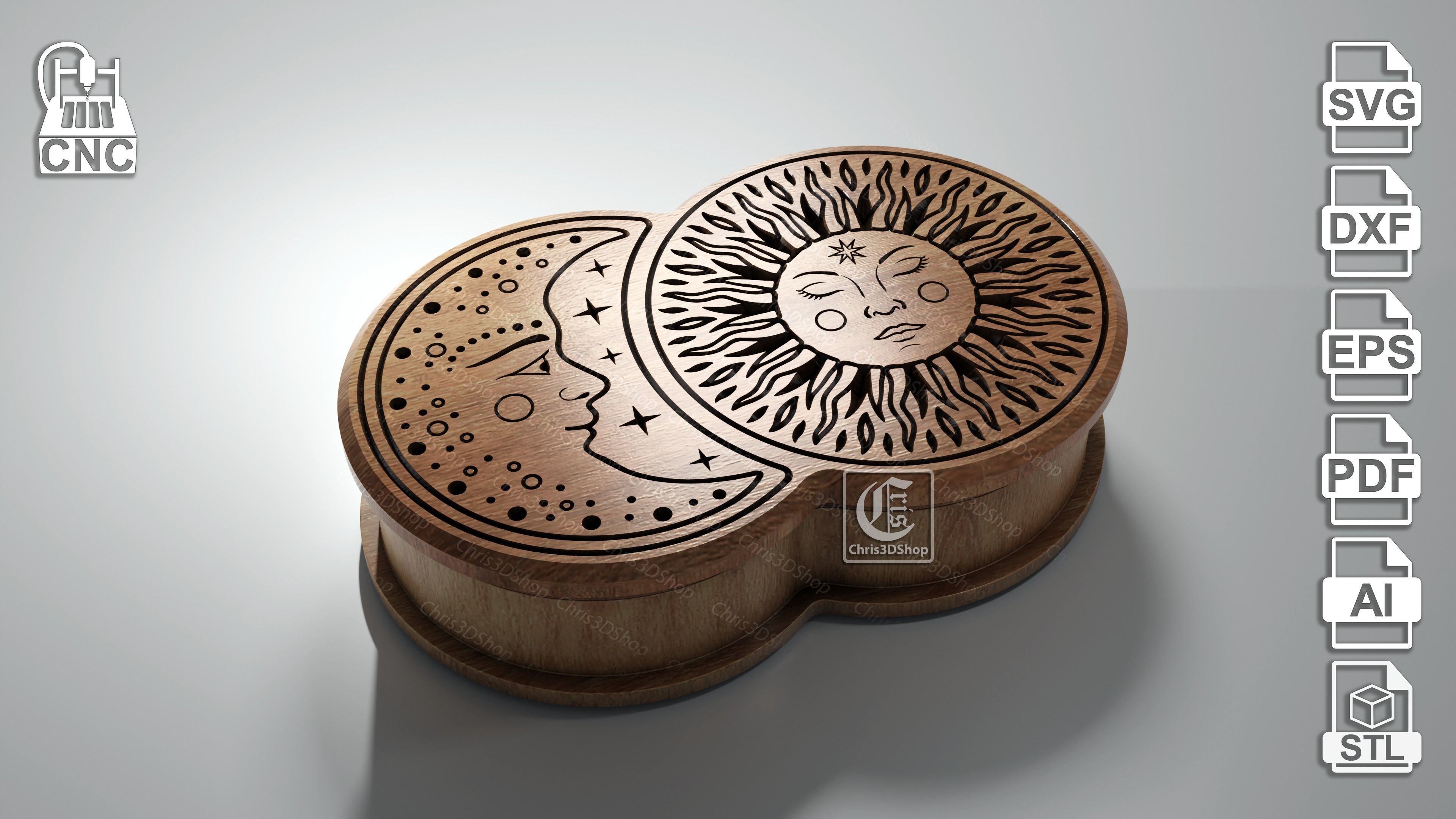 Sun and Moon V-Carved Jewelry Box - Files for CNC 3D model 3D printable ...