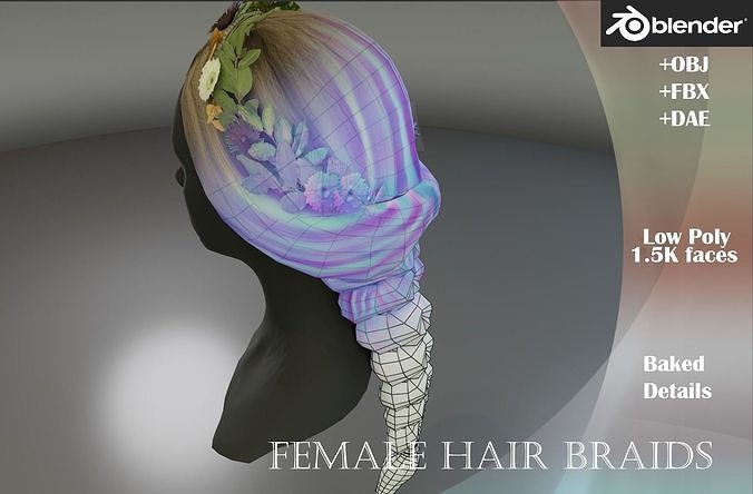 3D model Low poly Braided Hair with Flower Crown VR / AR / low-poly ...