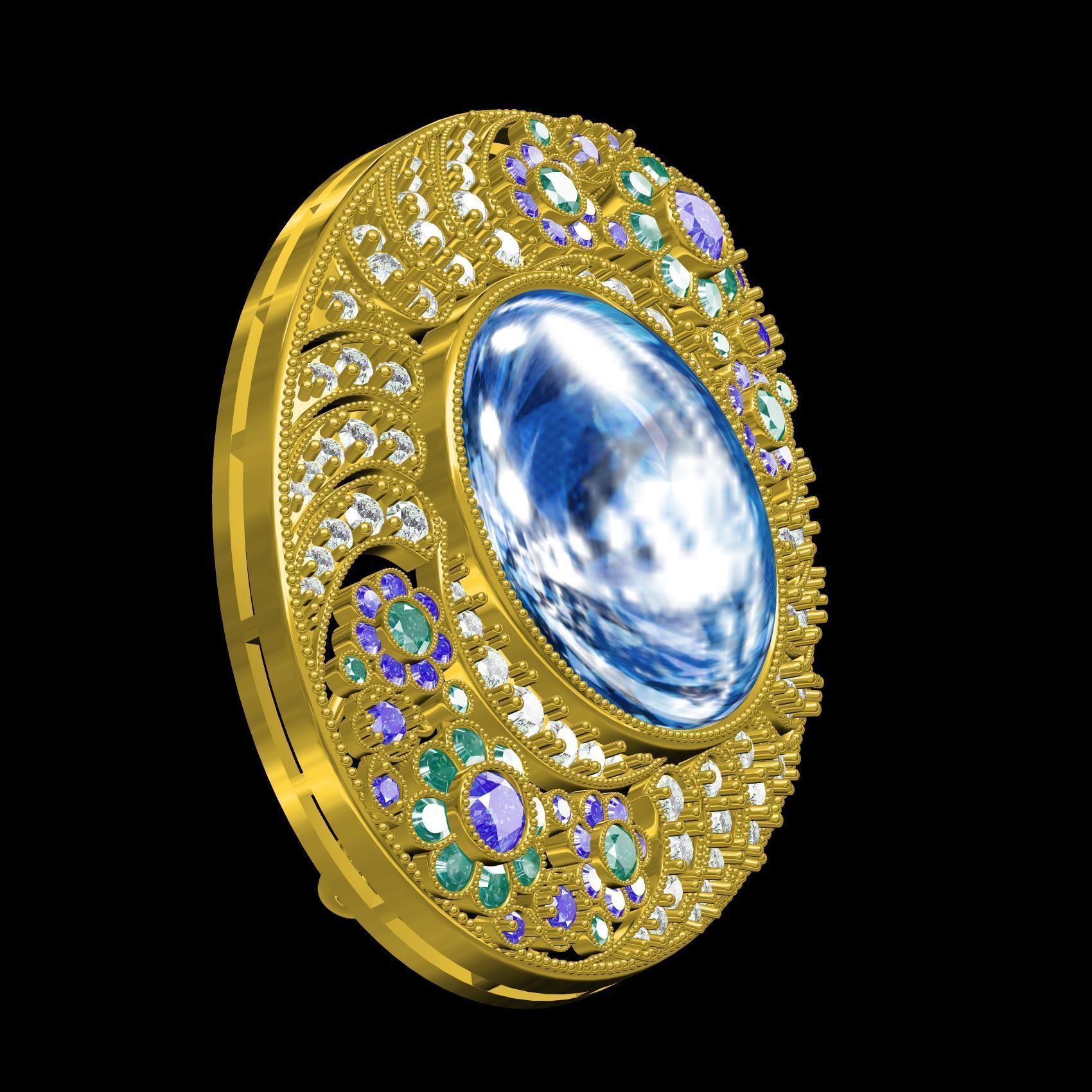 Unique Opal Sapphire Stone Art Deco Brooch 3D model 3D printable | CGTrader