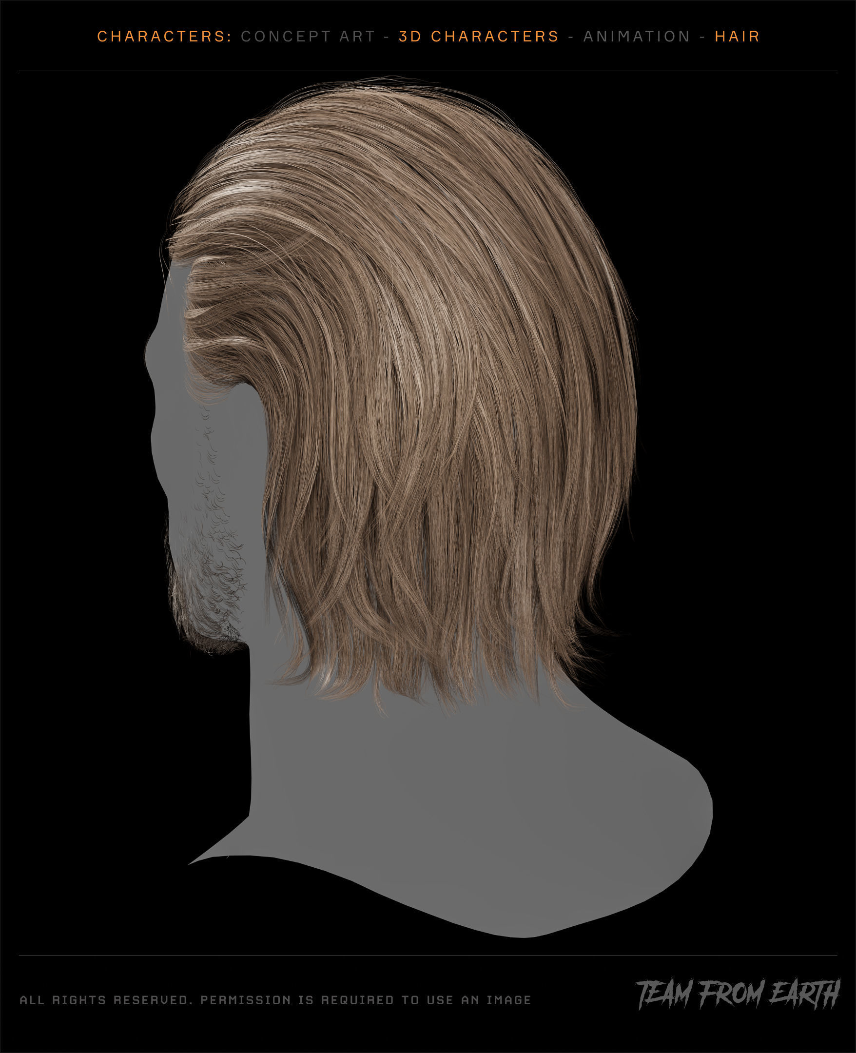 3D model Game ready middle length hairstyle male with short beard VR ...