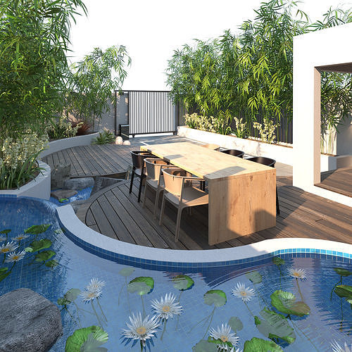 3D model House Front garden with pool and parking area VR / AR / low ...