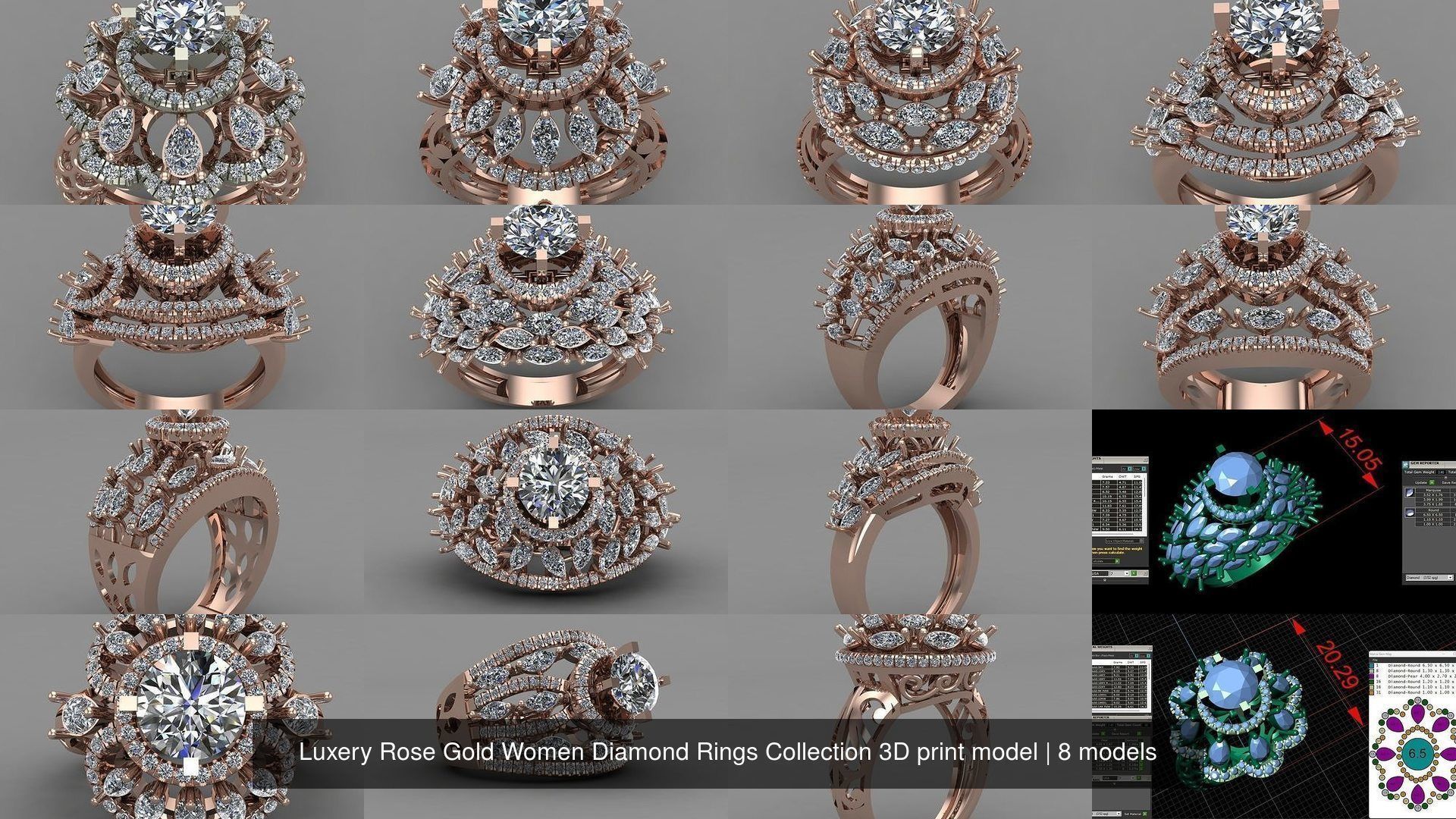 Luxery Rose Gold Women Diamond Rings Collection 3D print model | CGTrader