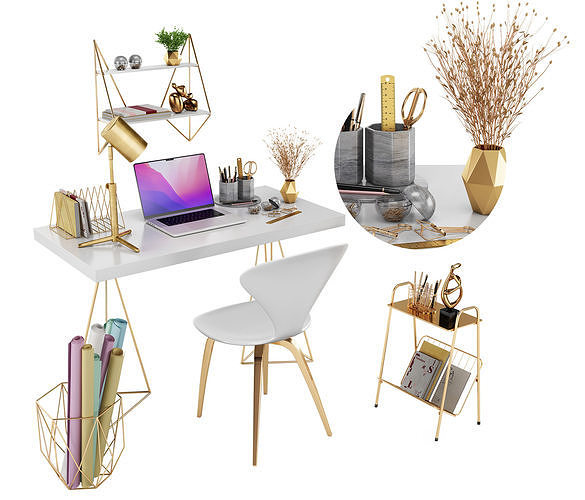 Golden Workplace Set 01 3D model | CGTrader