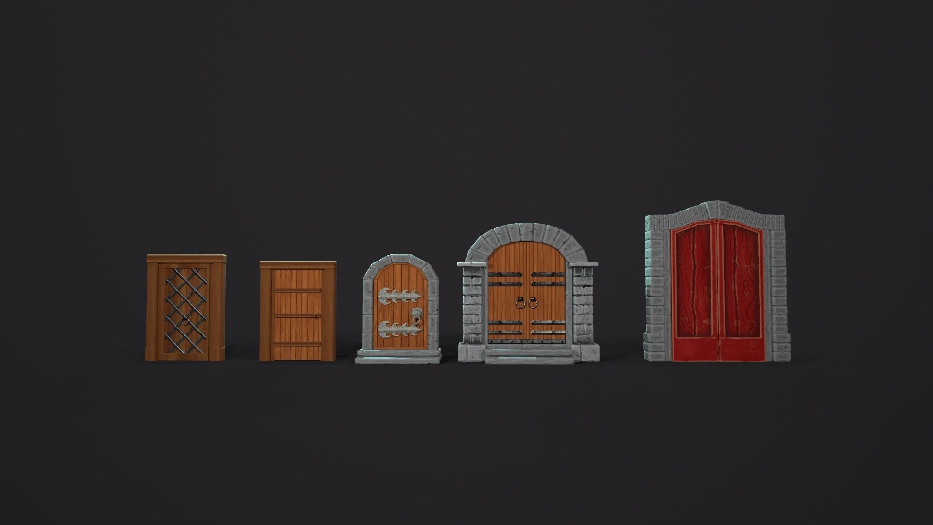 3D model Medieval stylized doors and windows pack low poly PBR game asset VR / AR / low-poly ...