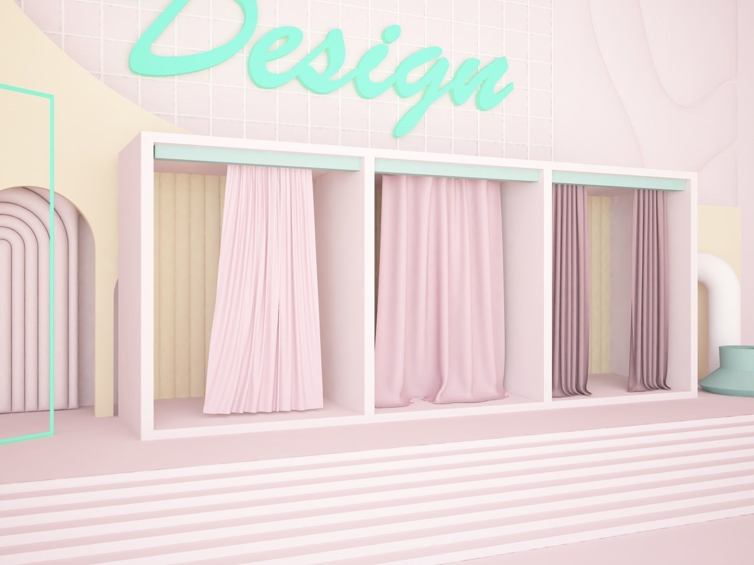 Selling booth curtains in candy style pink interior with neon 3D model ...