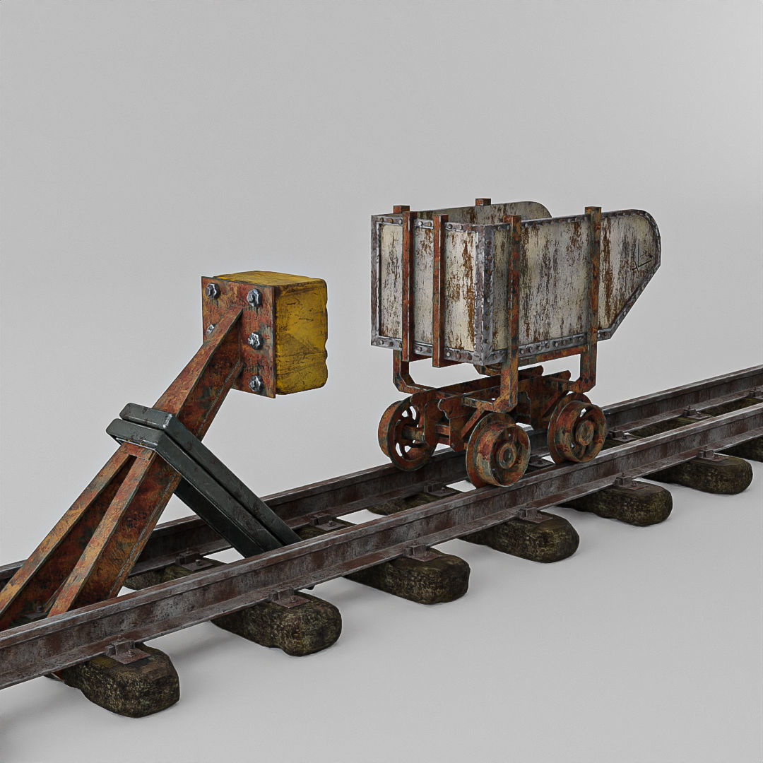 Modular Rails with Mine Cart and Wood Stop 3D model | CGTrader