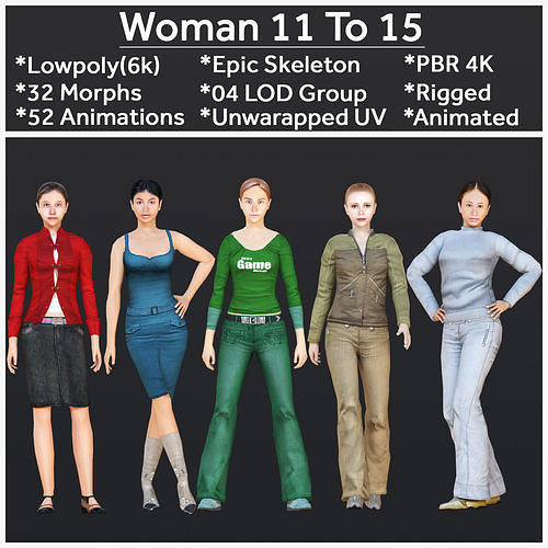 3D Model Collection Woman 11 To 15 With 52 Animations 32 morphs VR / AR ...