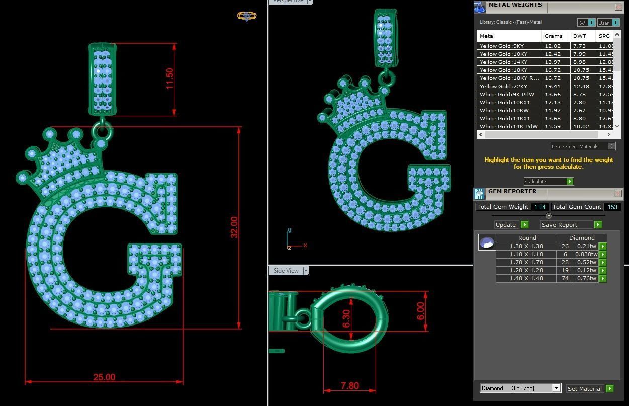 Alphabet Crown Diamond Pendant G 3D model 3D printable | CGTrader