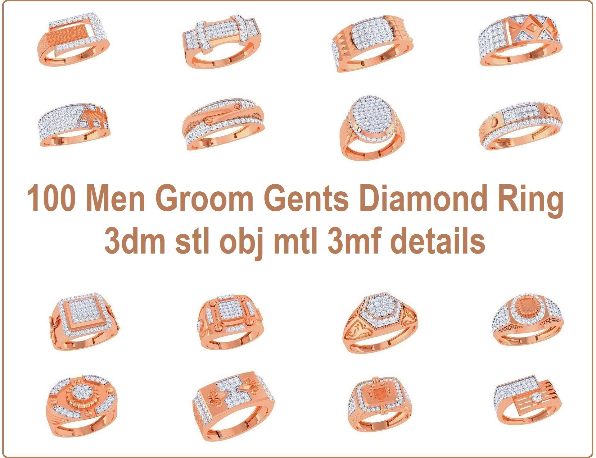 100 Men Groom Gents Diamond Ring 3dm stl obj mtl 3mf details 3D Model Collection | CGTrader