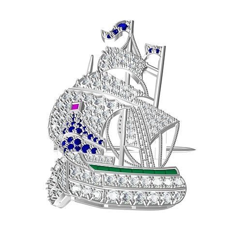Unique Round Diamond Ship Brooch 3D model 3D printable | CGTrader