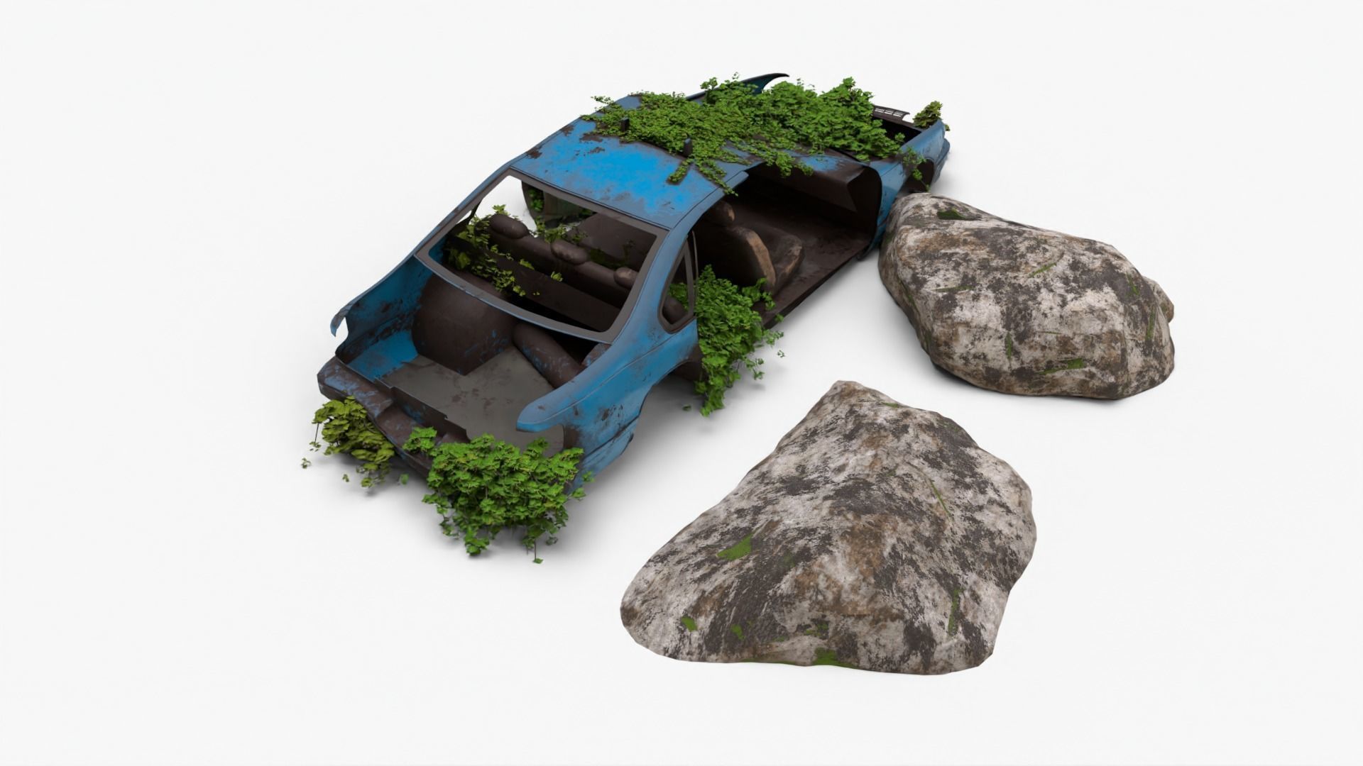 3D model 4K realistic low poly abandoned car recycle bin and rock VR ...