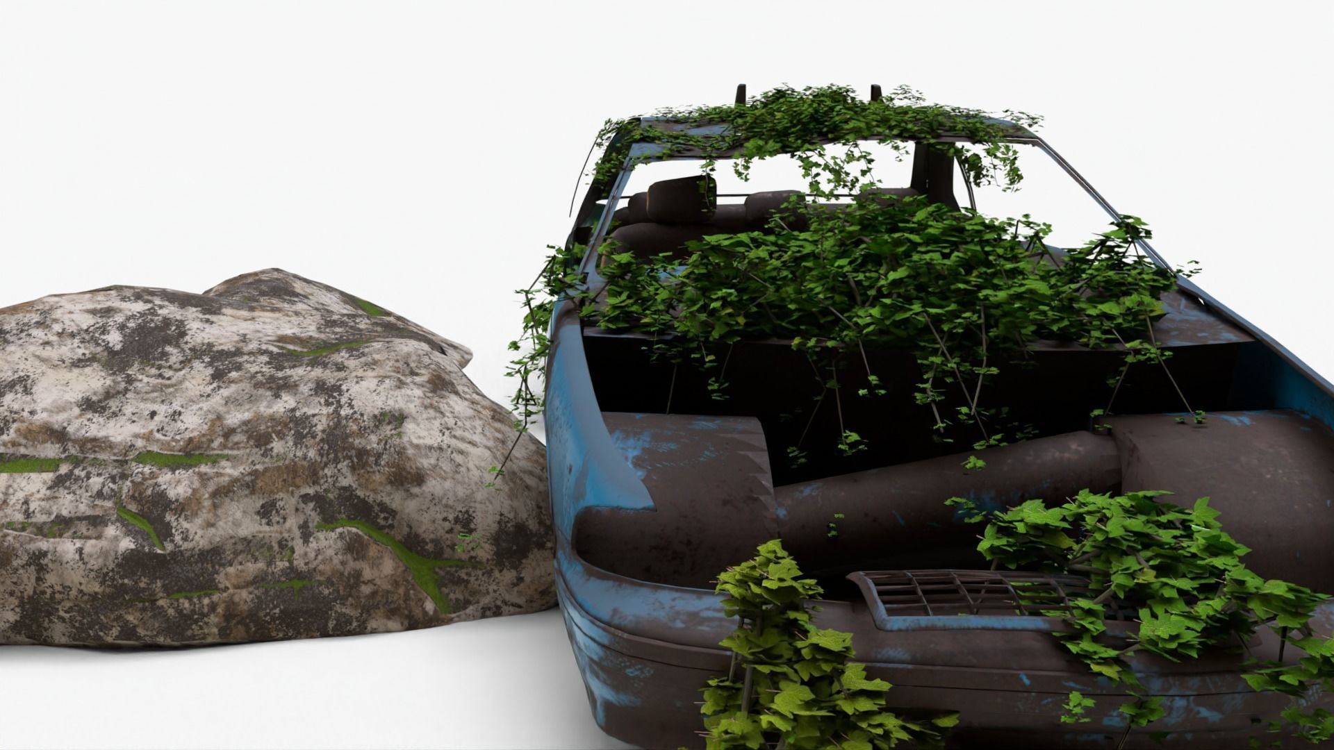 3D model 4K realistic low poly abandoned car recycle bin and rock VR ...