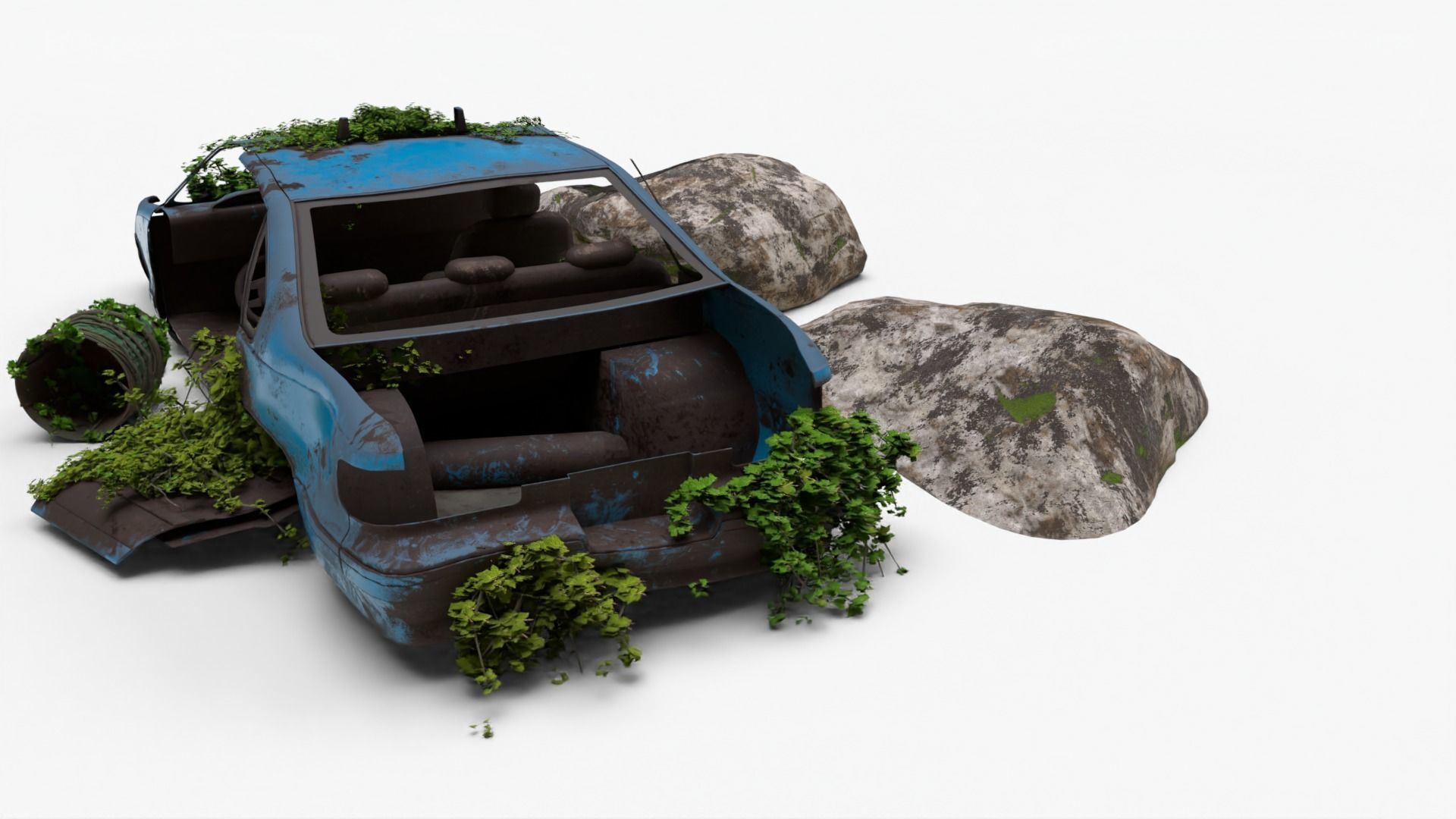 3D model 4K realistic low poly abandoned car recycle bin and rock VR ...