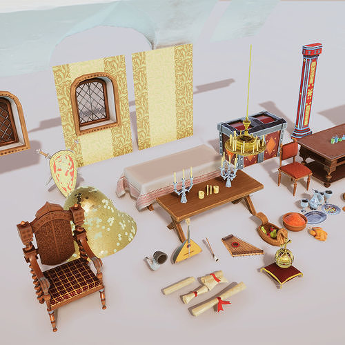 3D model Stylized Medieval Interior Props Kit 70 plus Items VR / AR ...