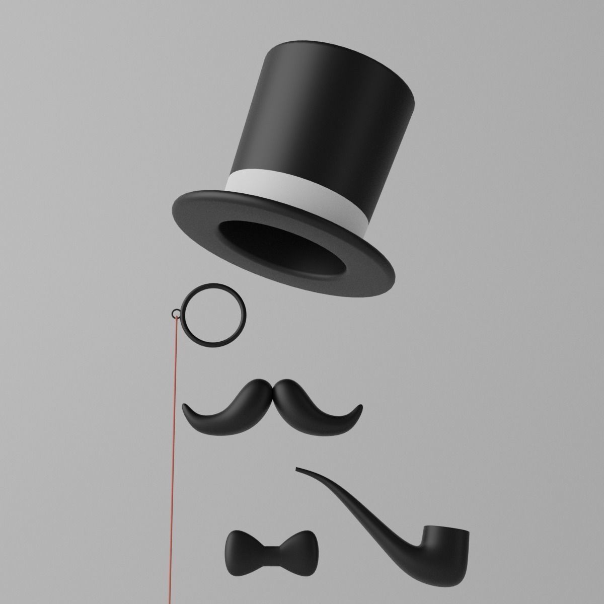 3D model Top Hat Moustache Bow Tie Monocle Tobacco Pipe VR / AR / low ...