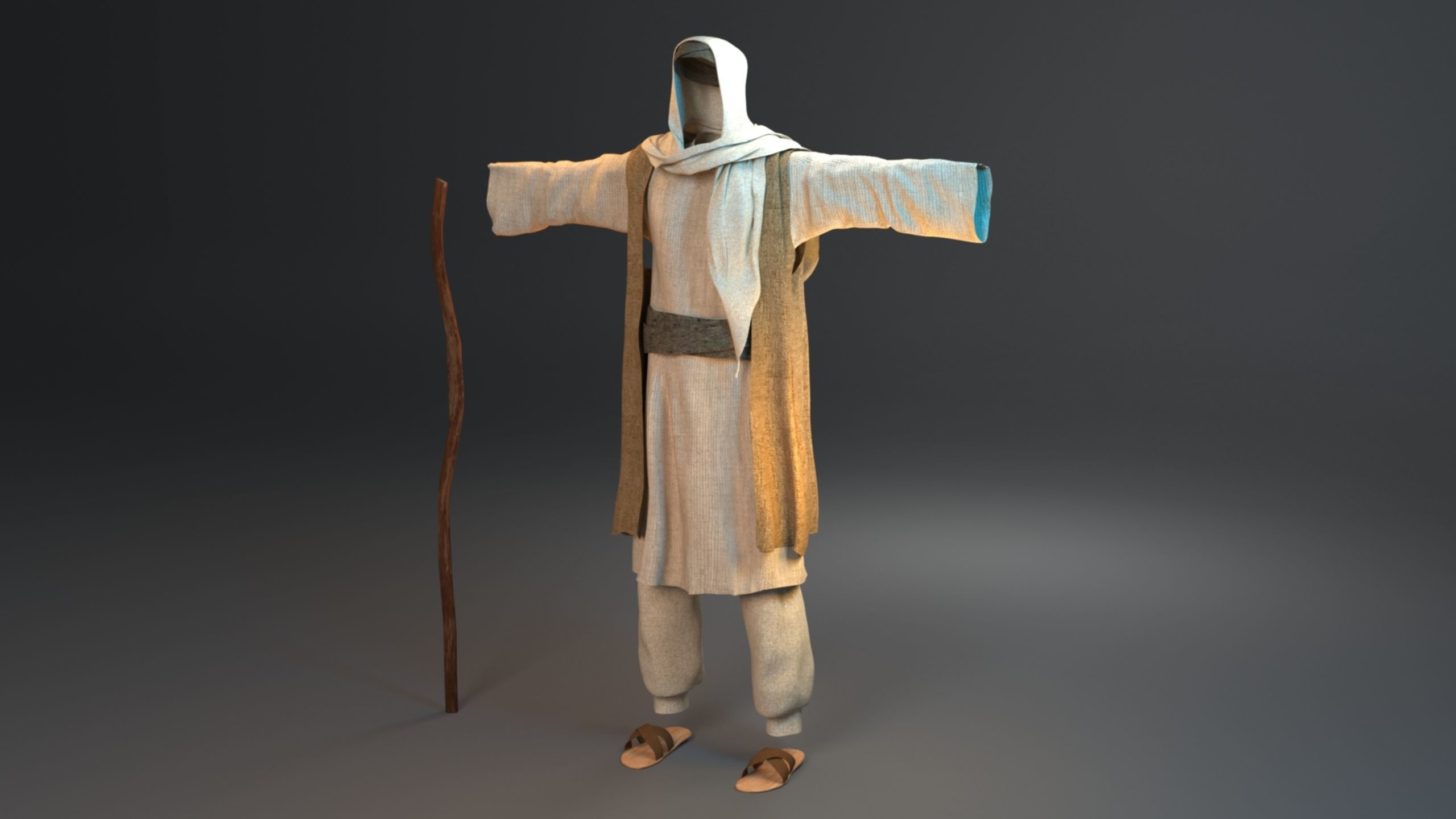 Old arab man clothes with sandal and stick 3D model | CGTrader