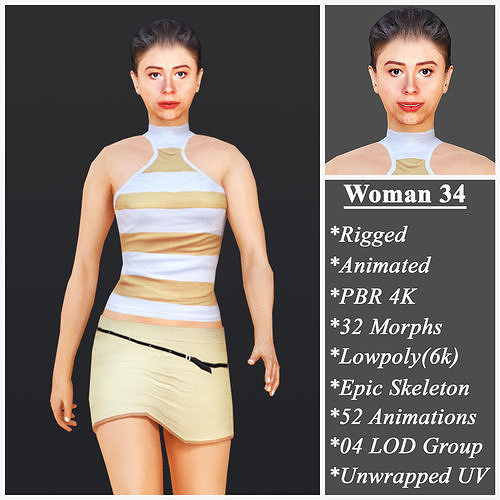 3D model Woman 34 With 52 Animations 32 Morphs VR / AR / low-poly ...