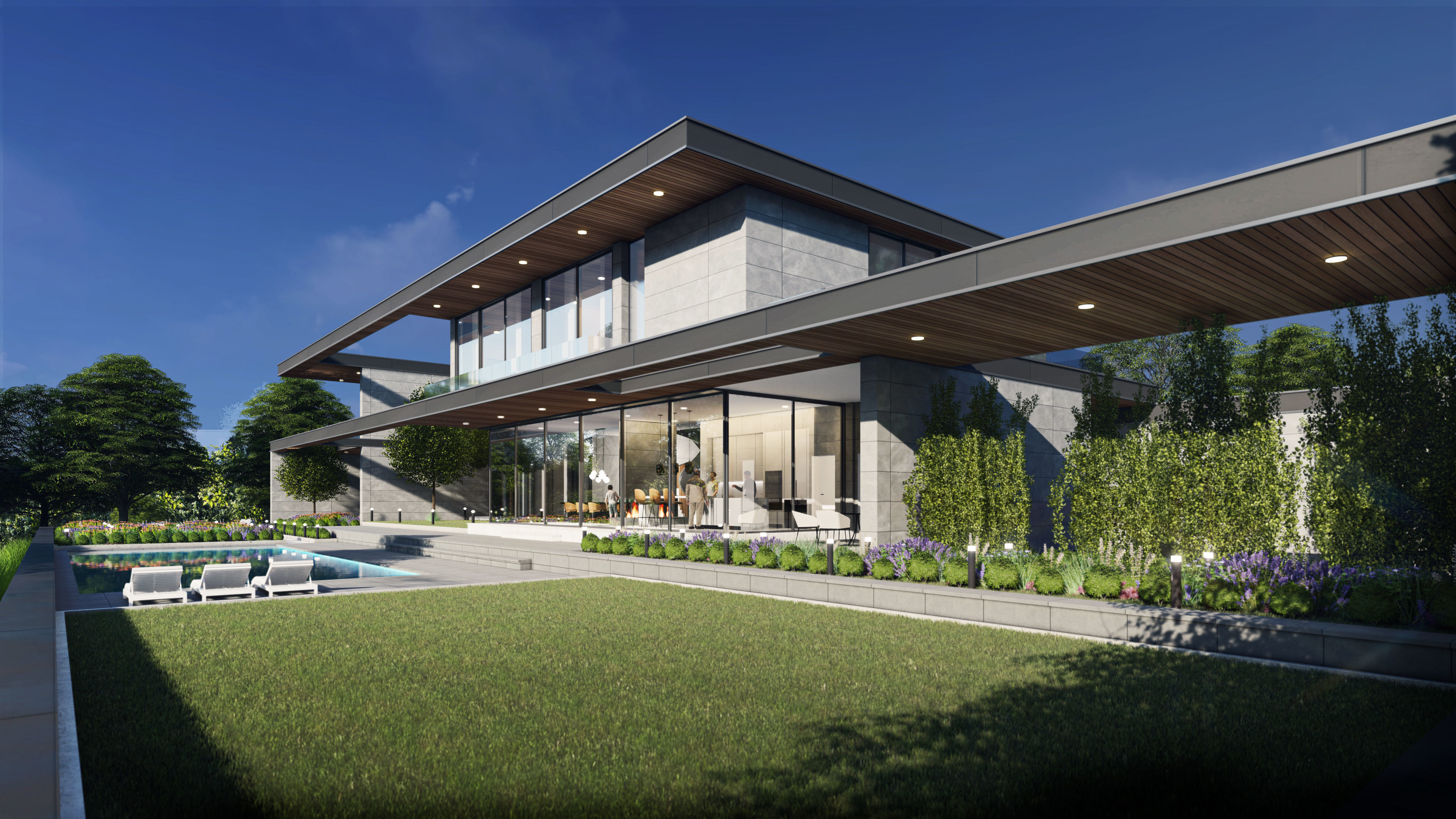 Mordern House Exterior Scene with Furniture and 2D Drawing 3D Model ...