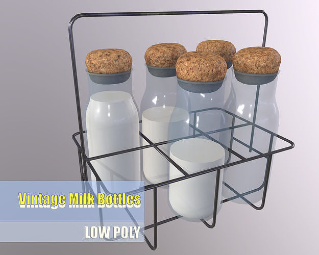3D model Vintage Dairy Delights Milk Bottles in a Metal Basket VR / AR ...