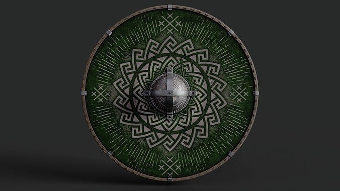 3D model Slavic round leather shield-painted green with pagan symbol VR ...
