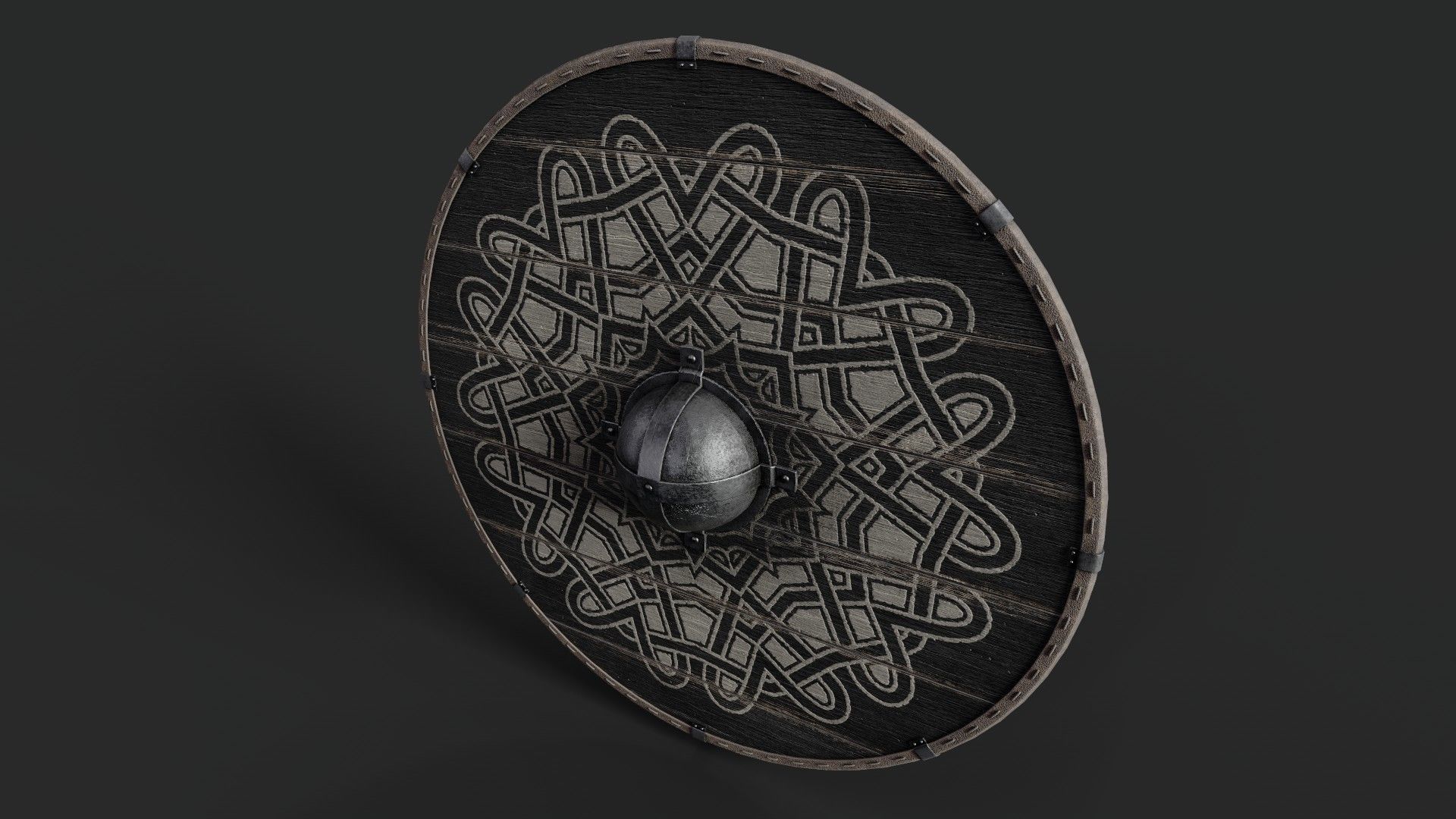 3D model Slavic round wooden shield-painted with nordic symbol VR / AR ...