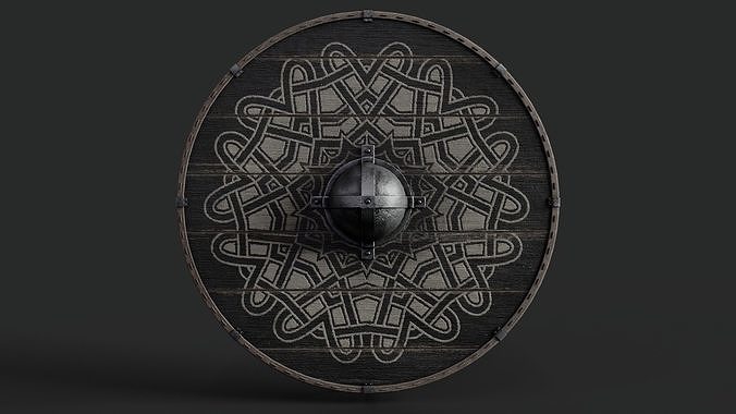 3D model Slavic round wooden shield-painted with nordic symbol VR / AR ...