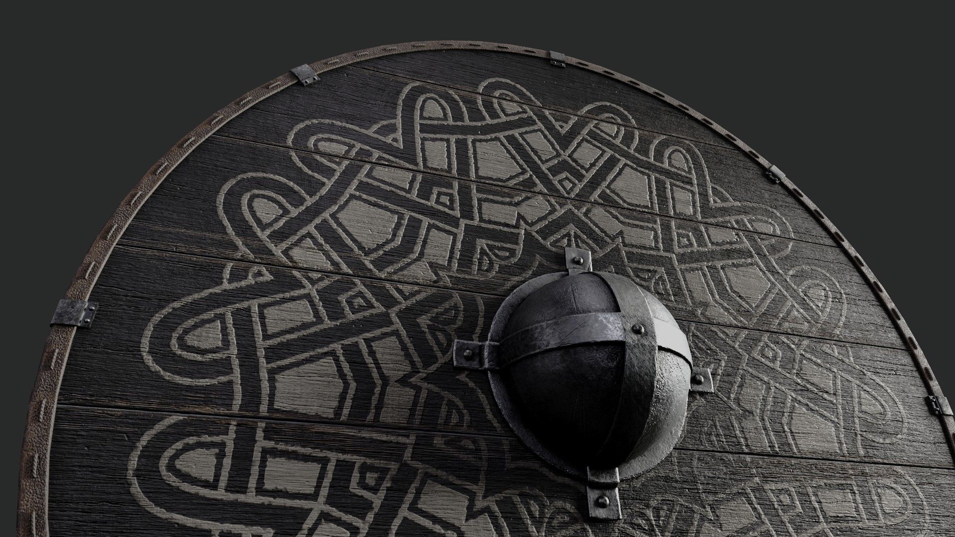 3D model Slavic round wooden shield-painted with nordic symbol VR / AR ...