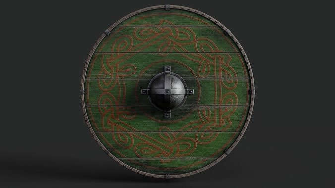3D model Slavic round wooden shield-painted green with red nordic ...