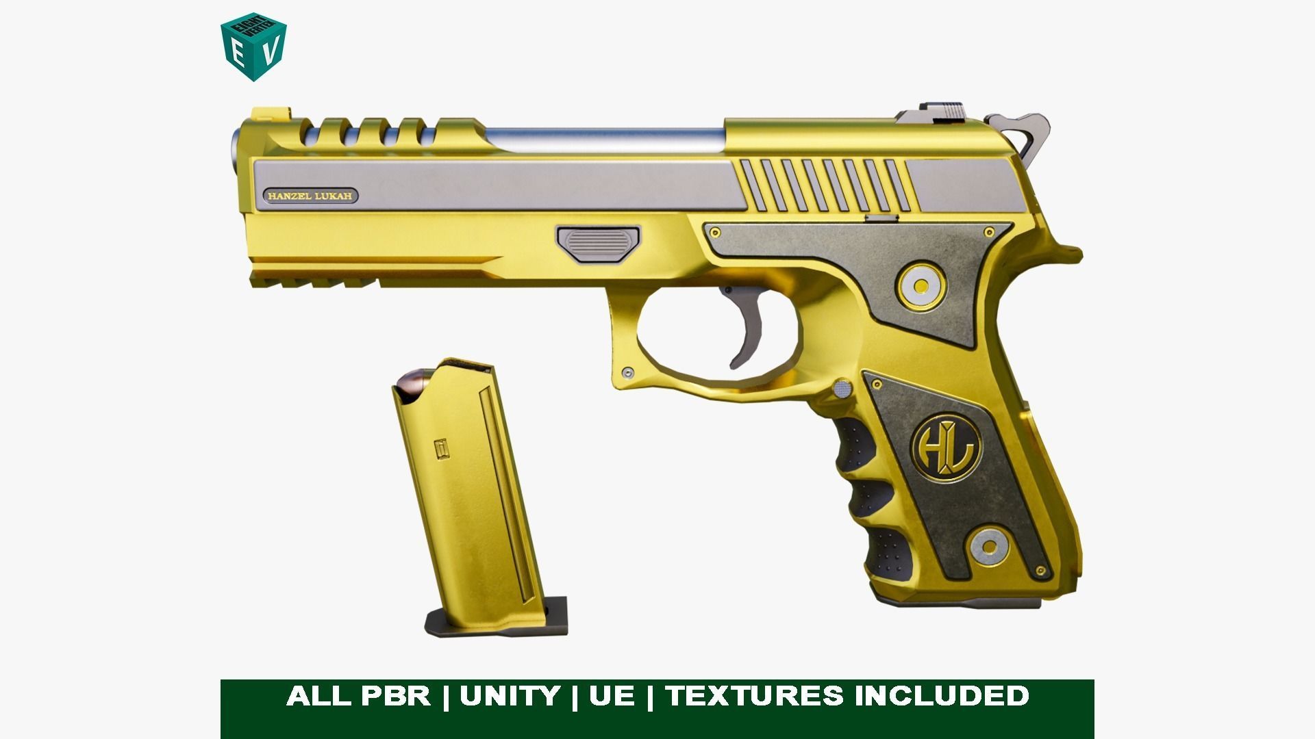 3D model Golden Pistol 02 All PBR Unity UE Textures Included VR / AR ...
