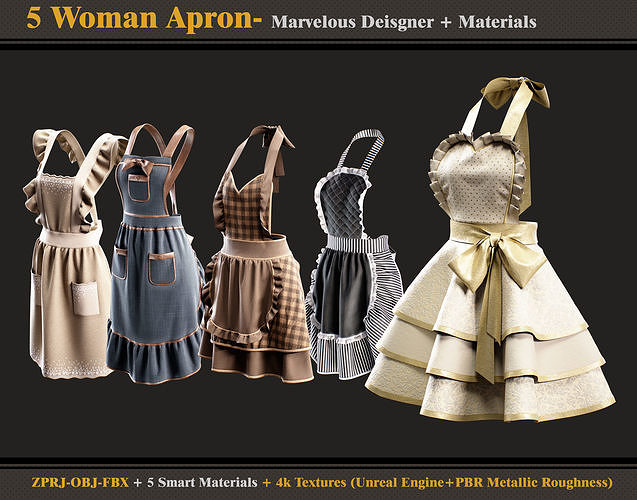 5 Woman Aprons -Marvelous Designer-OBJ-FBX-Materials- Textures 3D model | CGTrader
