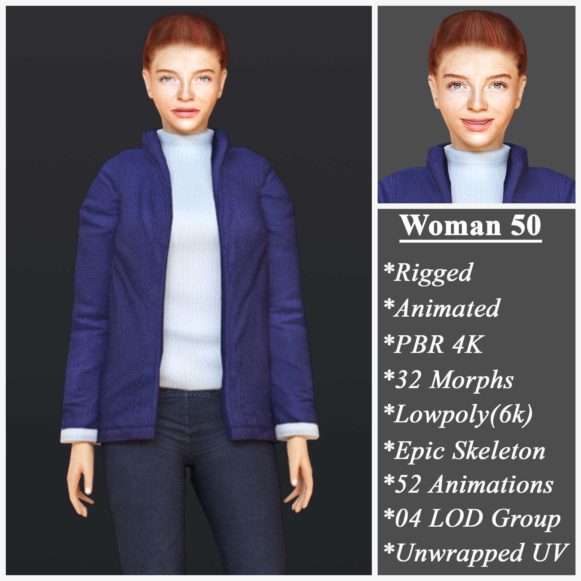 3D model Woman 50 With 52 Animations 32 Morphs VR / AR / low-poly | CGTrader