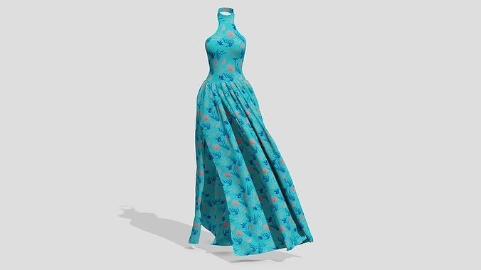 Long blue evening dress with corals 3D model | CGTrader