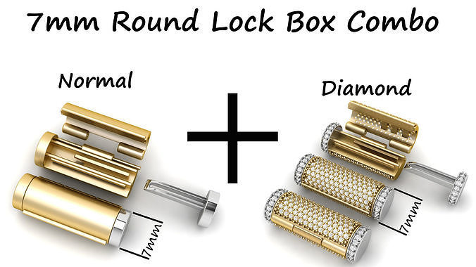 7 mm Round Bracelet Lock Box Combo of Plain and Diamond 3D Model ...
