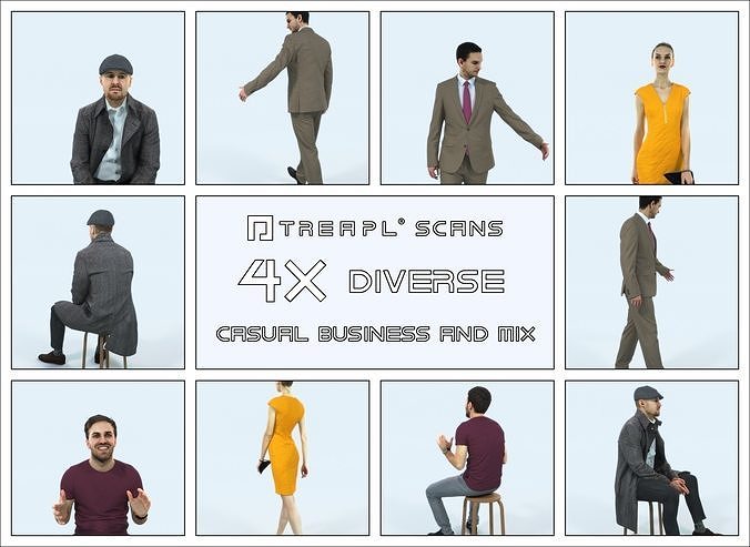 3D model QAG07 4X Business Casual Man Woman Diverse Sitting 009 VR / AR ...