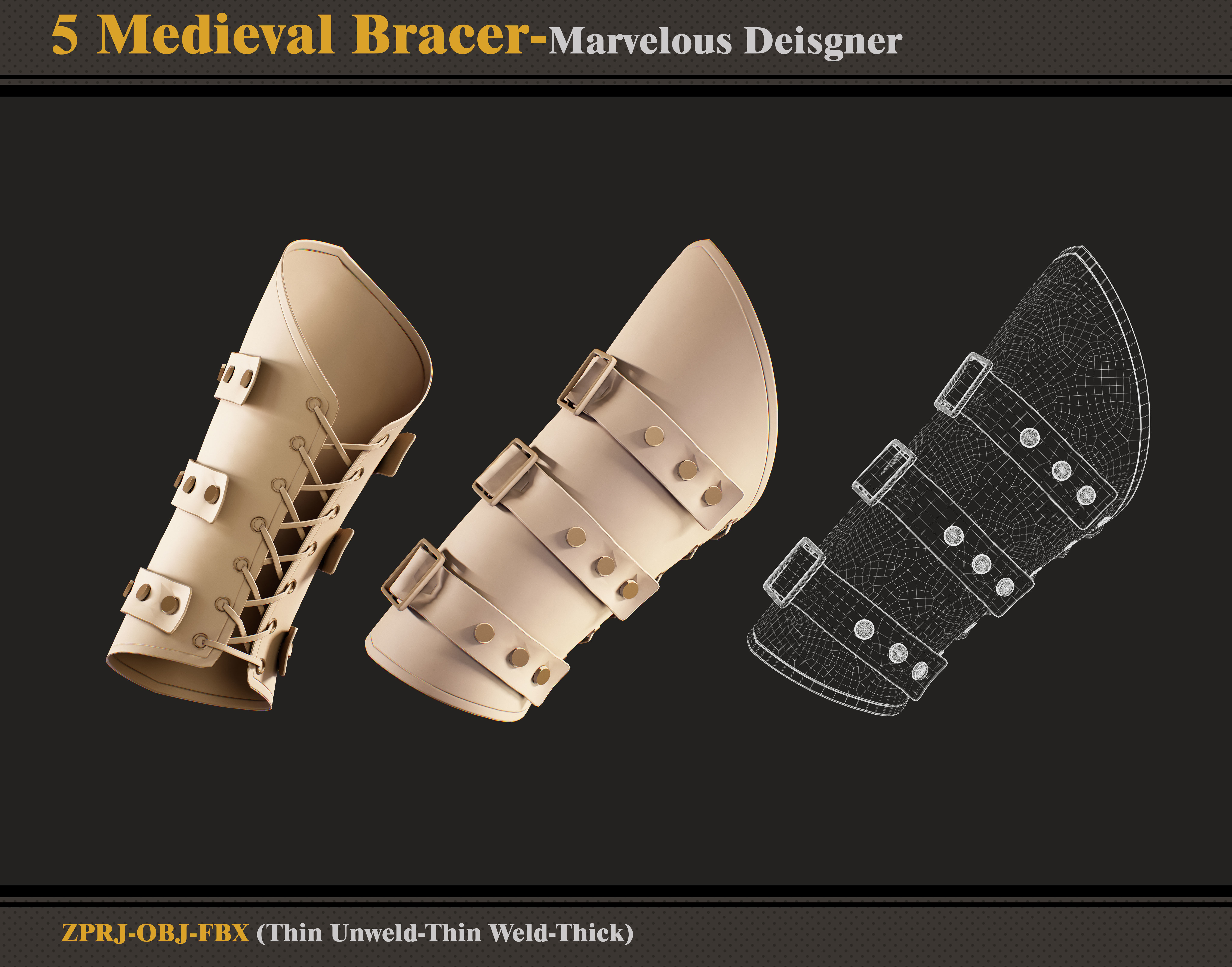 5 Medieval Bracers -Marvelous Designer -ZPRJ - FBX - OBJ 3D model ...