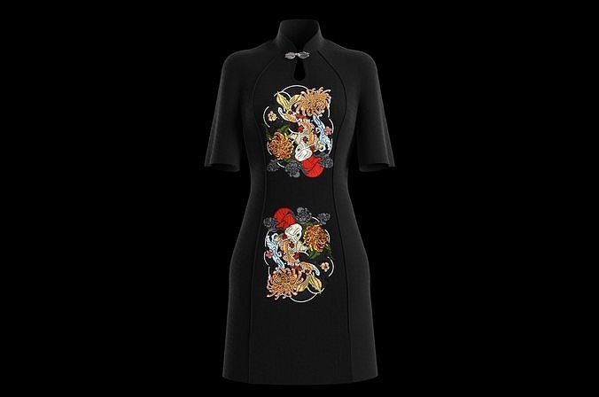 Tight black embroidered cheongsam free 3D model | CGTrader