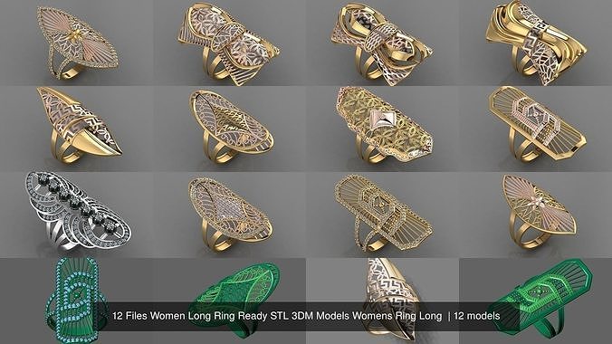12 Files Women Long Ring Ready STL 3DM Models Womens Ring Long 3D Model Collection | CGTrader