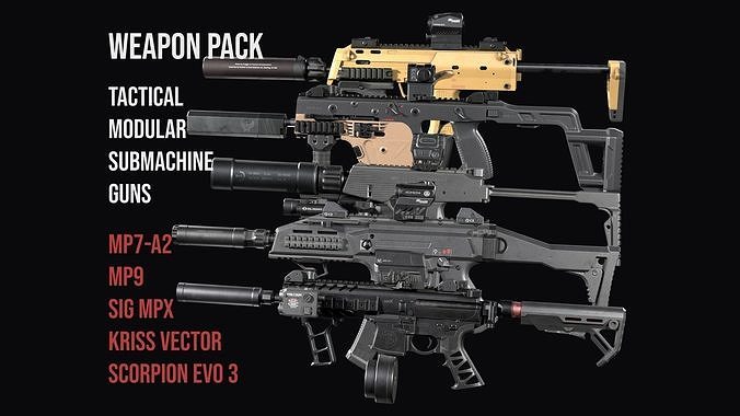 3D Model Collection Tactical Modular Modern SMG gun Weapon Pack VR / AR ...