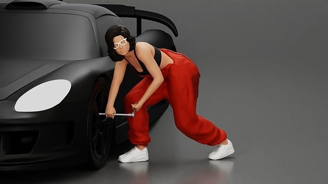 Girl mechanic in overalls removing the wheel car 3D model 3D printable ...