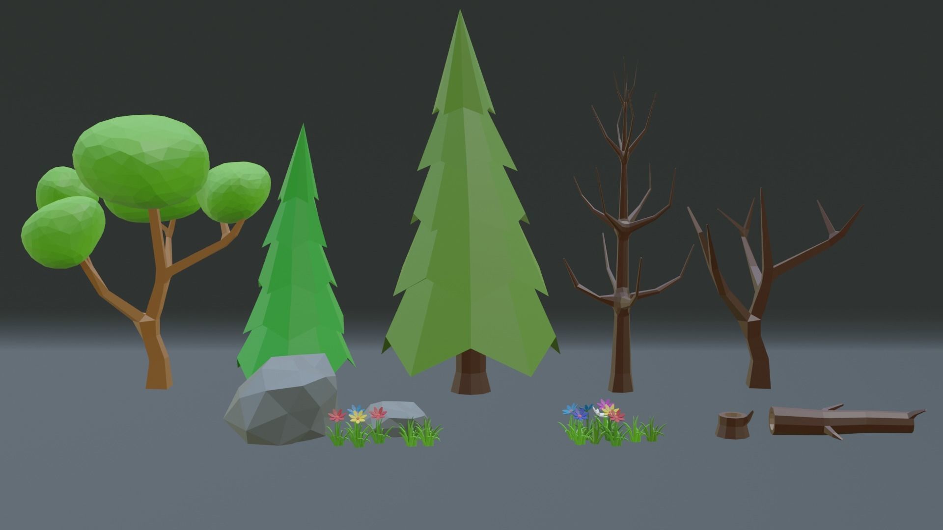 Low Poly Cartoon Trees Grass Plants and Stone free VR / AR / low-poly ...