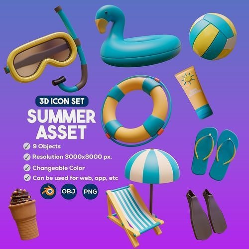 NINE SUMMER ICONS FOR YOUR GAME AND UI PROJECTS 3D model | CGTrader
