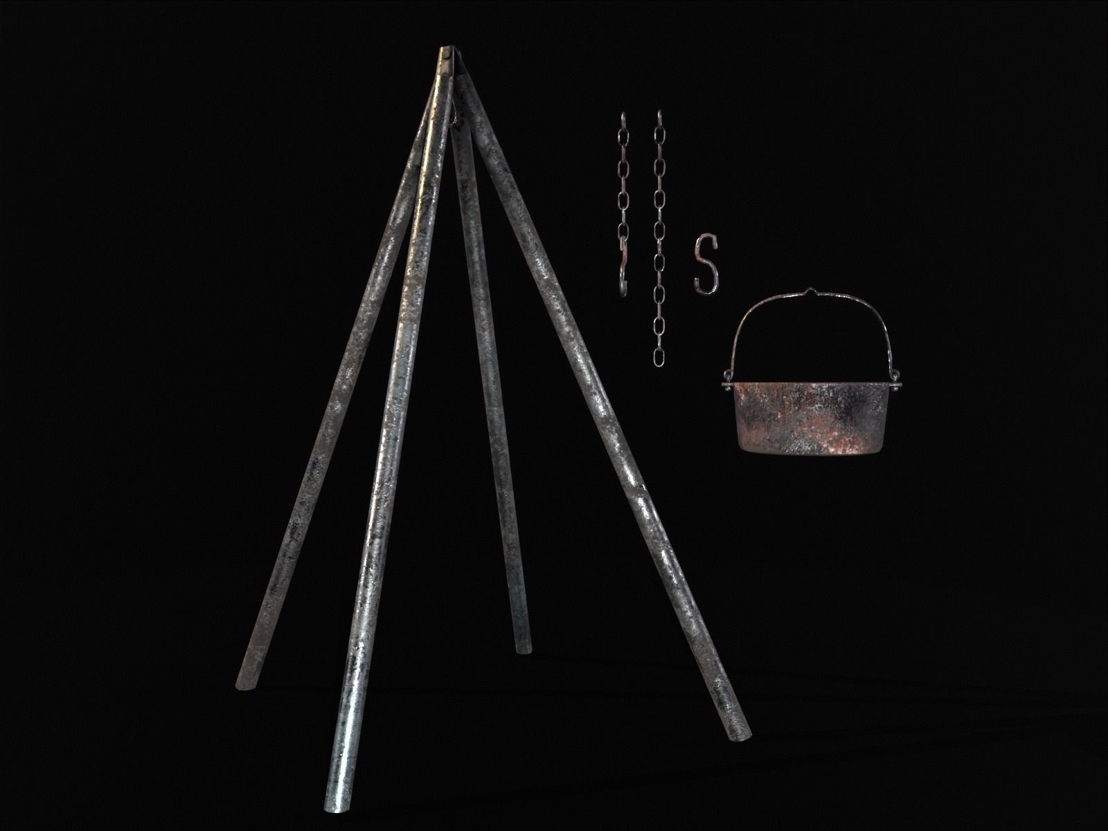 3D model Old Medieval Iron Cooking Tripod with a Cooking Pot VR / AR ...