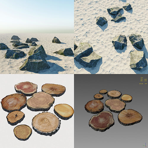 Rocks and sand vs Wood Log Slices 3D Model Collection | CGTrader